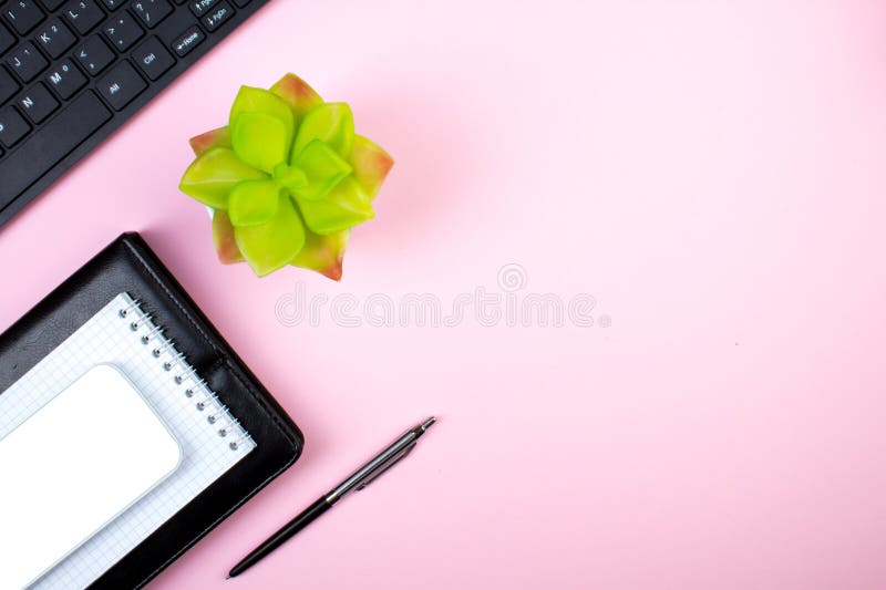 Pink Office Table with Computer, Pen and a Cup of Coffee, Lot of Things ...