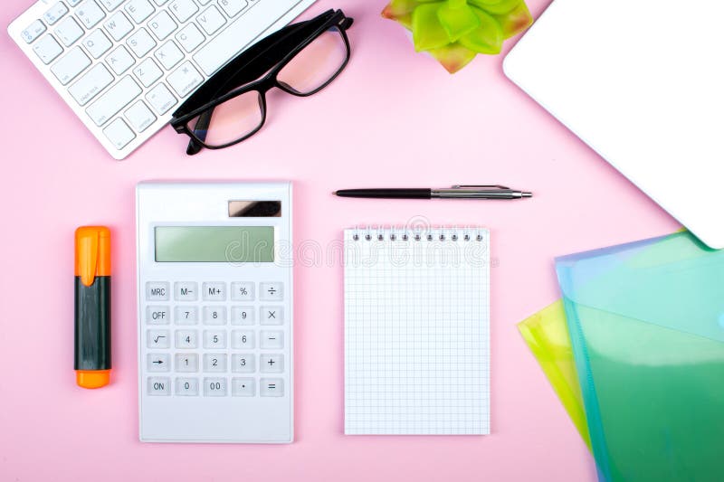 Pink Office Table with Computer, Pen and a Cup of Coffee, Lot of Things ...