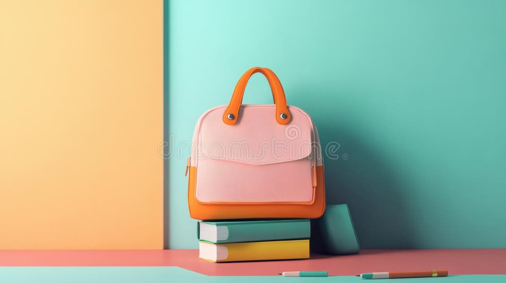 A Pink and Orange Backpack Sitting on Top of a Stack of Books, AI Stock ...