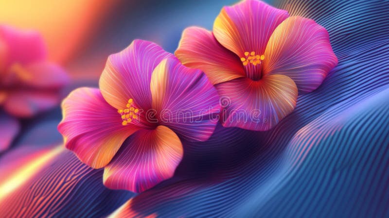 Pink Orange Hibiscus Flowers on Blue Wavy Texture Stock Illustration ...