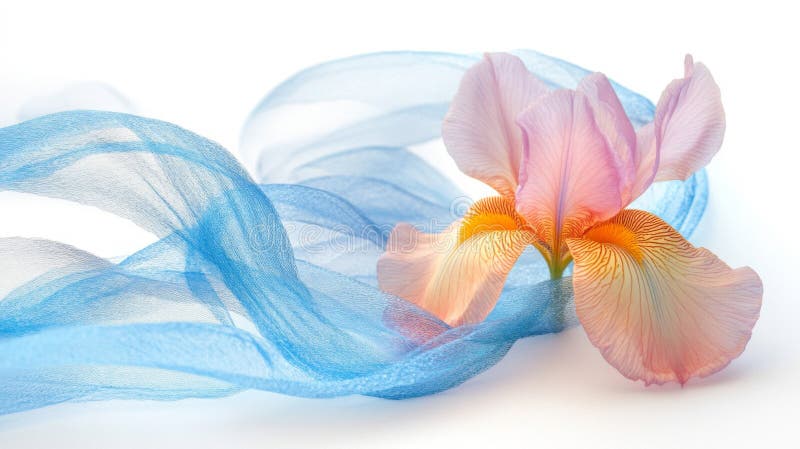 Pink and Orange Iris with Blue Sheer Fabric on White Background Stock ...