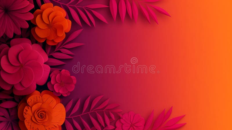 Pink and Orange Paper Flowers and Leaves on a Pink To Orange Gradient ...