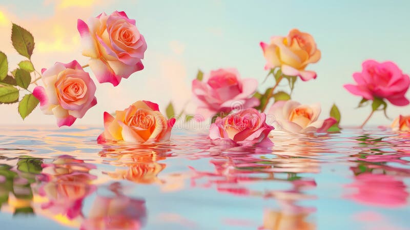 Pink and Orange Roses Floating on the Surface of Water with Reflections Stock Image - Image of ...