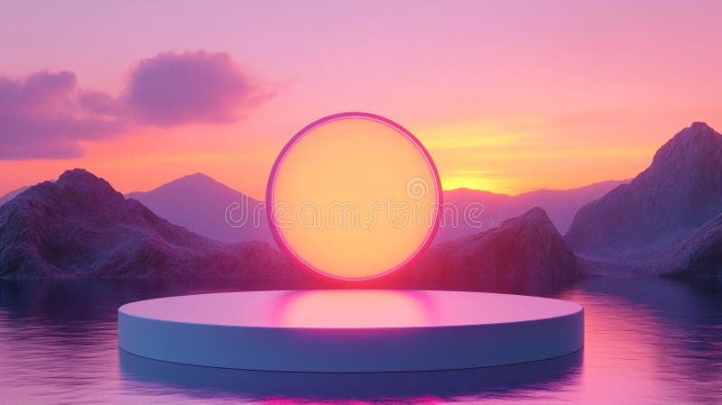 Pink and Orange Sunset Over Mountains with Glowing Circle Platform ...