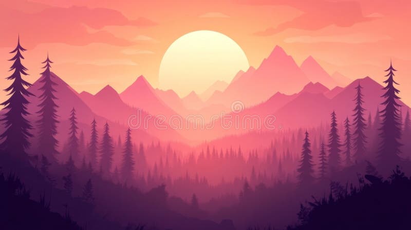 Pink and Orange Sunset Over Silhouette Mountains and Forest Stock ...