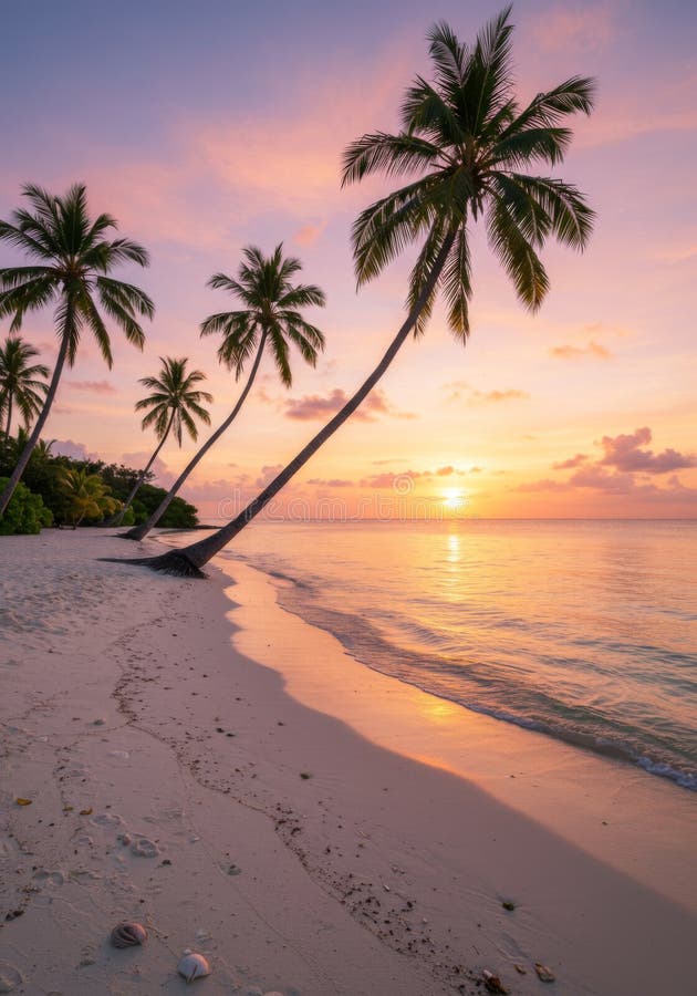 Pink and Orange Sunset Over Tropical Beach with Palm Trees Stock Image ...