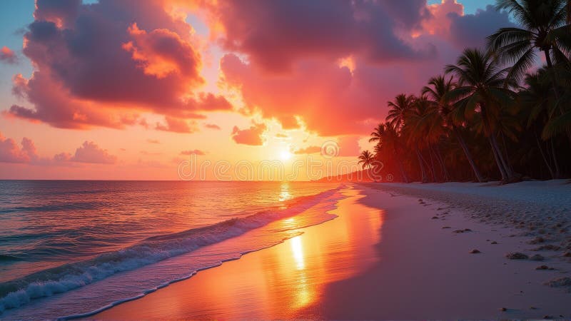 Pink and Orange Sunset on Tropical Beach Stock Illustration ...