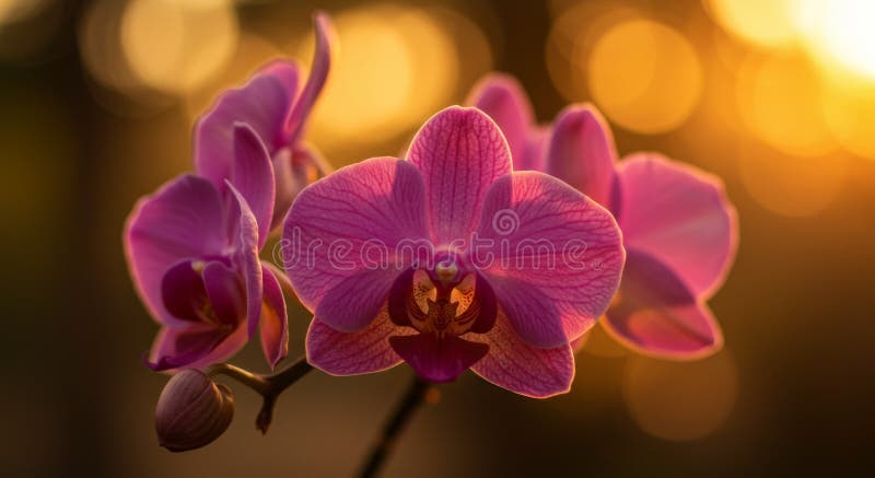 Pink Orchid Flowers in Golden Hour Light Stock Illustration ...
