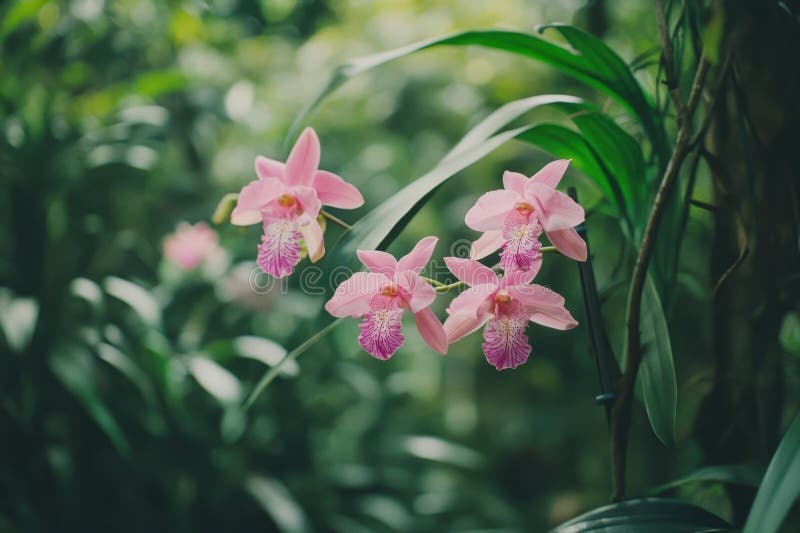 Pink Orchids in a Lush Green Tropical Garden Setting Stock Image ...