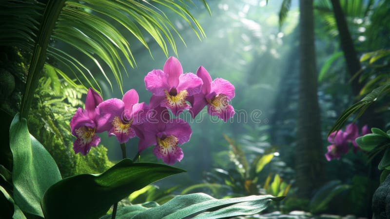 Pink Orchids in Lush Tropical Rainforest Stock Illustration ...