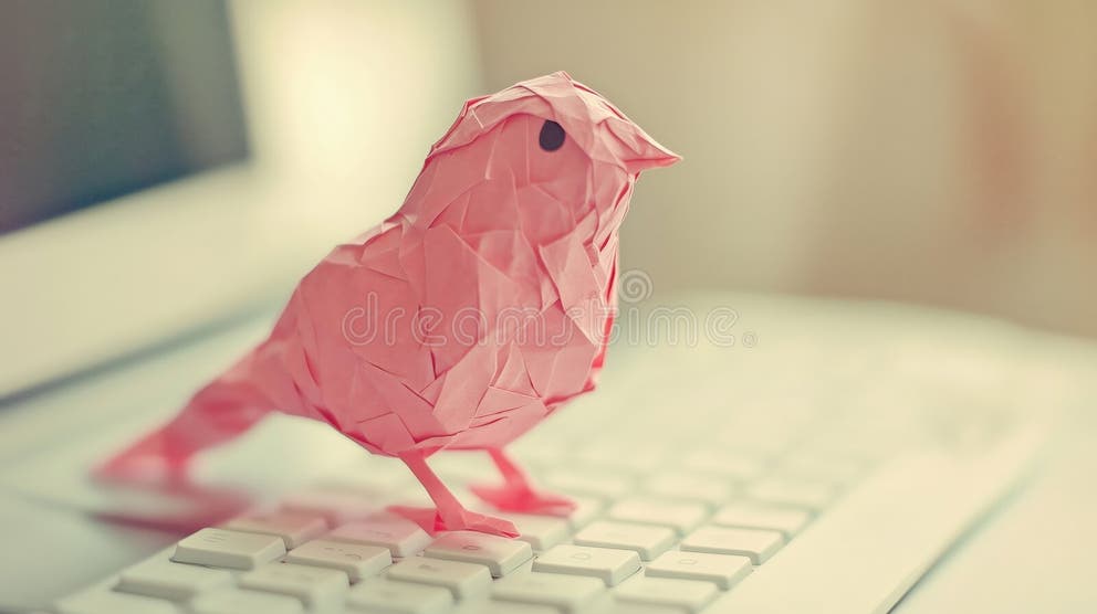 Pink Origami Bird Standing on Computer Keyboard Stock Illustration ...