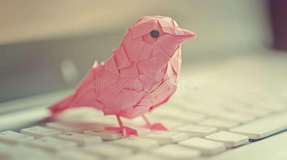 Pink Origami Bird Standing on Computer Keyboard Stock Illustration ...