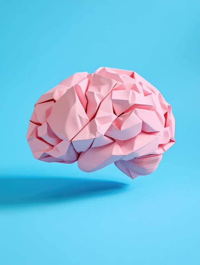 Pink Origami Brain on Blue Background Stock Illustration - Illustration ...