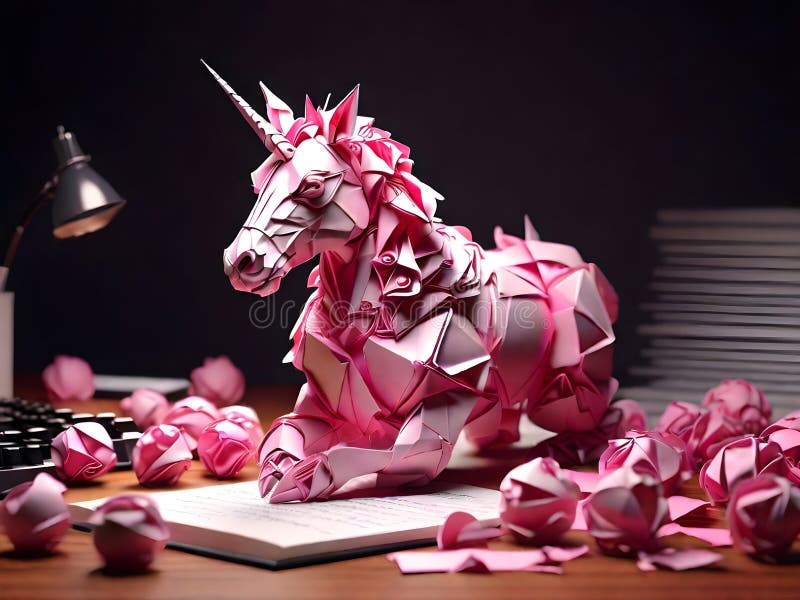 Pink Origami Unicorn with Crumpled Paper Balls. Creative Process in ...