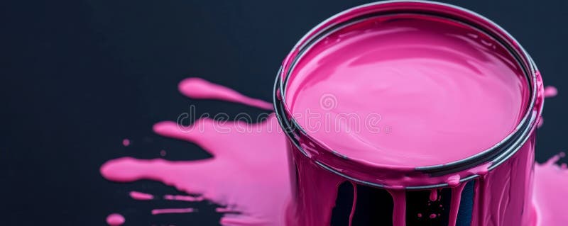 Pink Paint Can with Spilled Paint on Dark Background. Art and ...