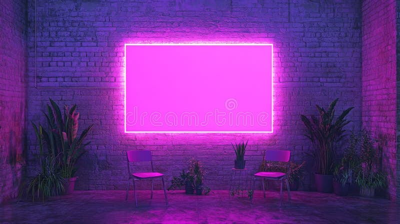 A Pink Panel, Lit Up, is Placed between Two Chairs in a Brick Courtyard ...