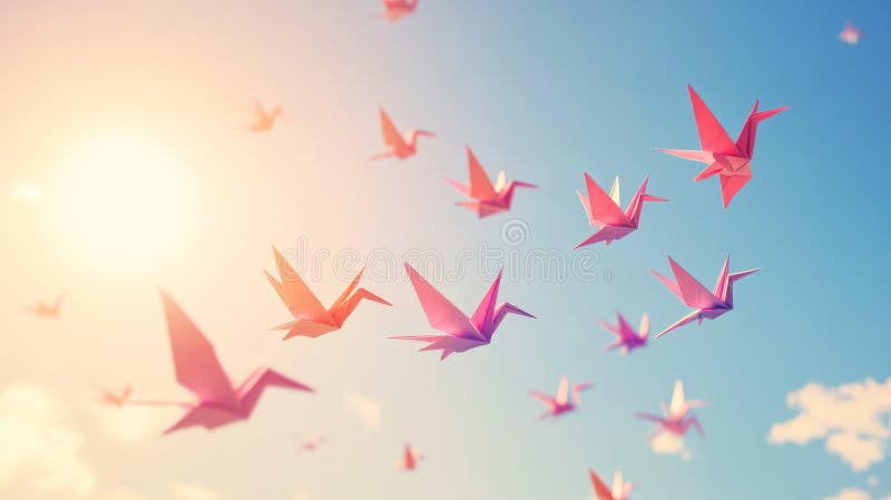 Pink Paper Cranes Soaring through a Sunny Sky Stock Illustration ...
