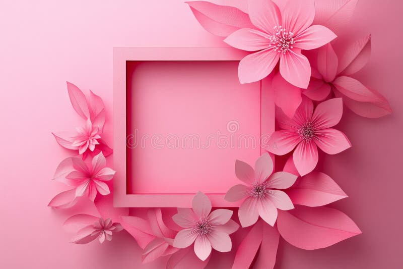 Pink Paper Flowers and Leaves Create a Beautiful Frame Around an Empty ...