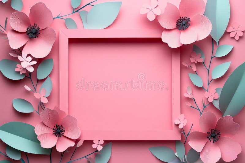 Pink Paper Flowers and Leaves Create a Decorative Border Around a Pink ...