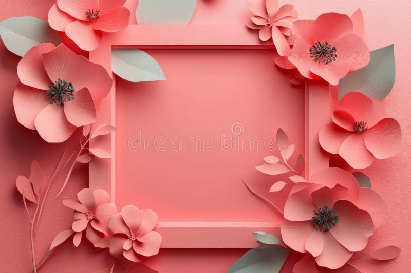 Pink Paper Flowers and Leaves Creating a Frame Around a Rectangular ...