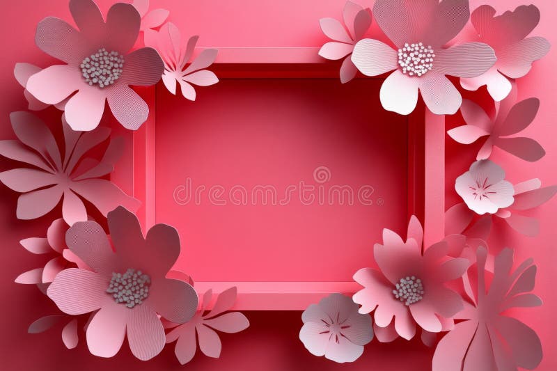 Pink Paper Flowers and Leaves Creating a Frame Around a Rectangular ...