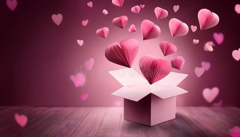 Pink Paper Hearts Float Down Toward an Open Gift Box Stock Illustration ...