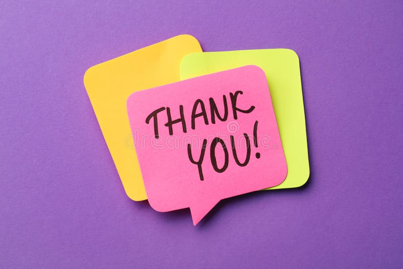 Pink Paper Note with Phrase Thank You on Purple Background Stock Image ...