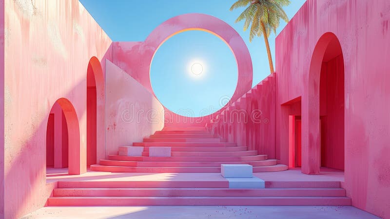 Pink Paradise Dreamy Architectural Space with Stairs. Circle Window ...