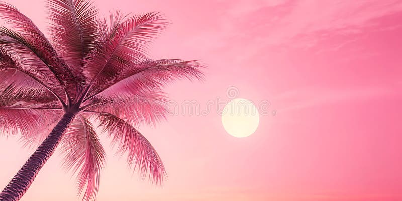 Pink Paradise Palm Tree Sunset Scene Stock Illustration - Illustration ...
