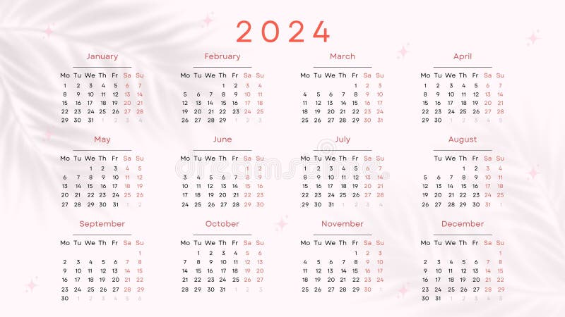 Pink Pastel Cute Minimal Annual 2024 Calendar Stock Photo - Image of ...
