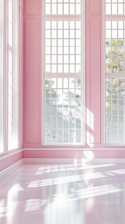 Pink Pastel Interior with Large Windows and Light Reflections Stock ...