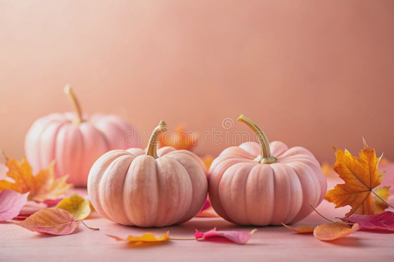 Pink Pastel Pumpkins with Fall Leaves on Soft Colored Ground with Space ...