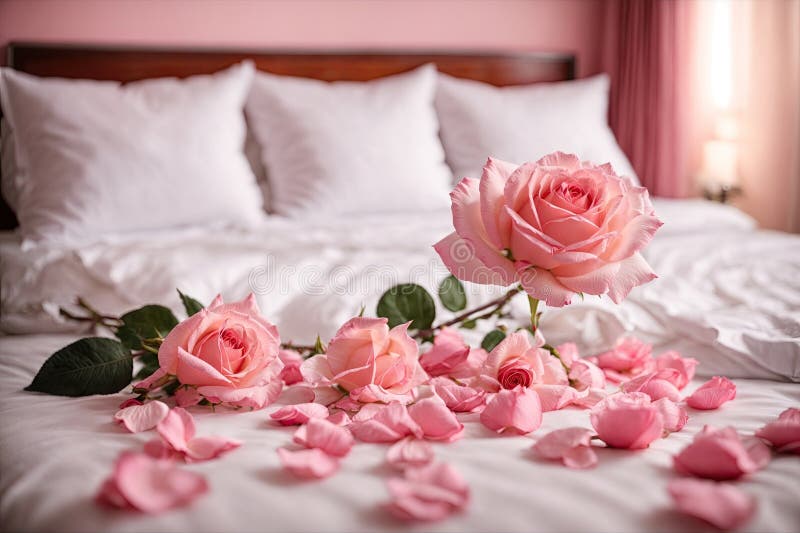 Pink Pastel Rose on the Bed in the Hotel Room. Ai Generative Stock ...