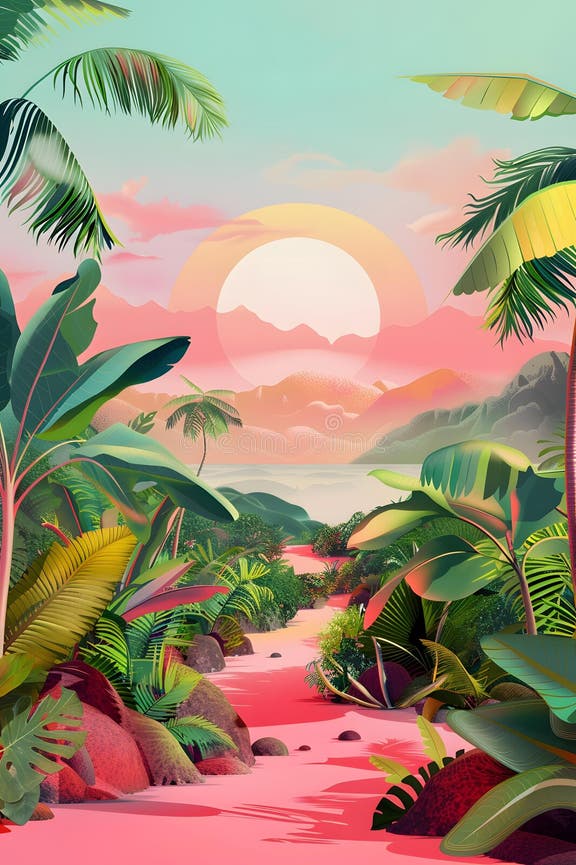 Pink Path through Tropical Landscape with Sunset Generated Using AI ...