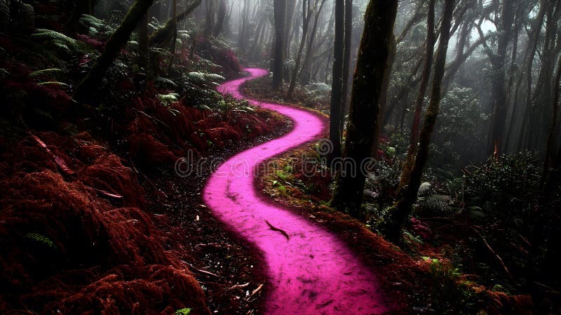 Pink Path Winding through Misty Forest Trail Royalty Free Image Stock ...