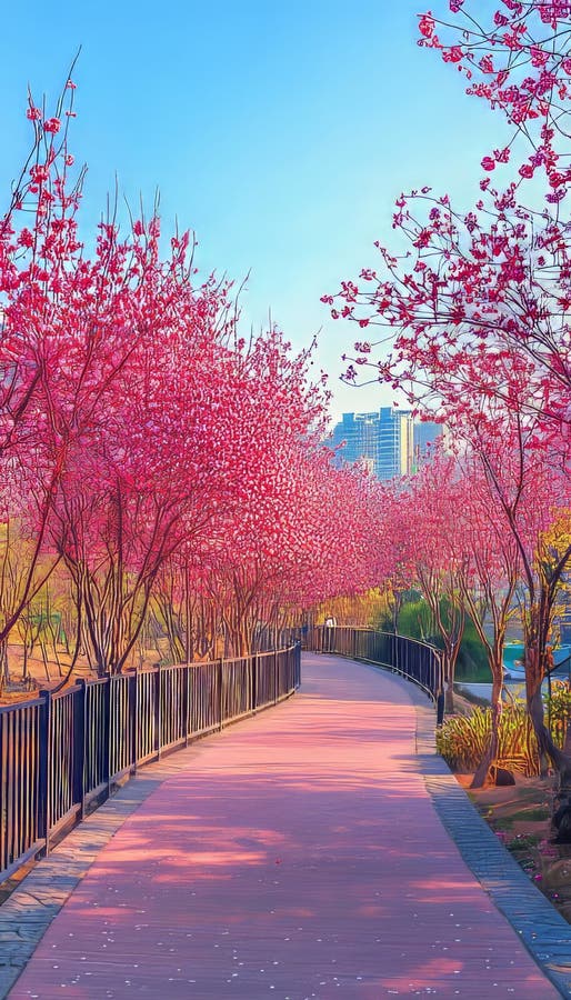 Pink Pathway Scenic Spring Road Lined with Blooming Cherry Blossom ...