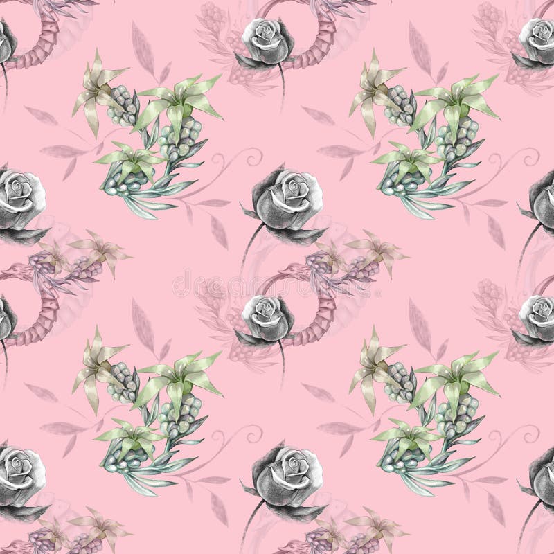 Pink Pattern with Gray Roses Stock Illustration - Illustration of ...
