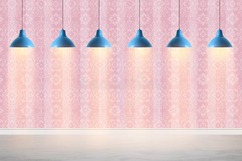 Patterned Wallpaper and Glowing Hanging Lamps in Room Stock Image ...