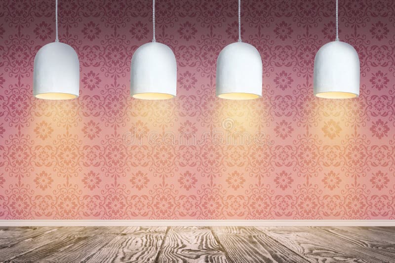 Patterned Wallpaper and Glowing Hanging Lamps in Room Stock Photo ...