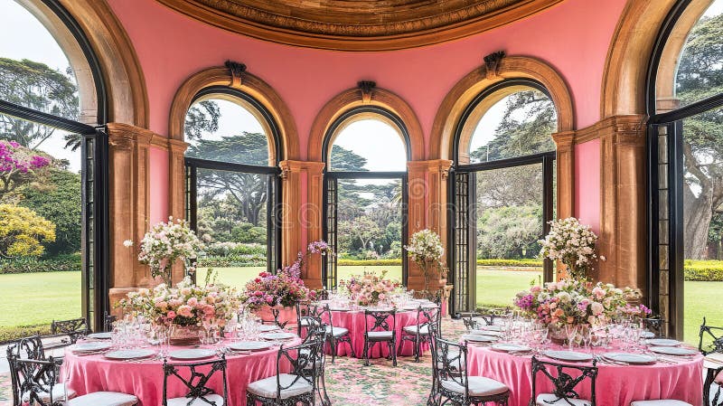 Pink Pavilion Wedding Reception Garden Stock Photo - Image of interior ...