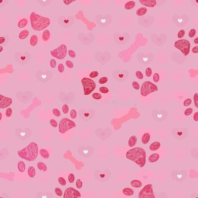 Pink Paw Prints Pattern with Bones. Seamless Fabric Design Pattern ...