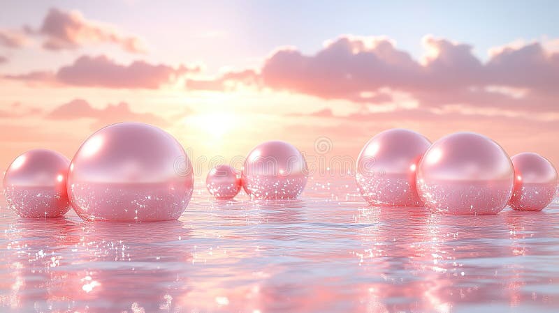 Pink Pearls Float on Calm Water at Sunset Stock Illustration - Illustration of serene, pastel ...