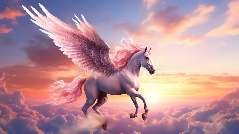Pink Pegasus in the Clouds at Sunset Stock Illustration - Illustration ...