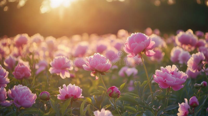 Pink Peonies in a Field Bathed in Golden Sunset Light Stock ...