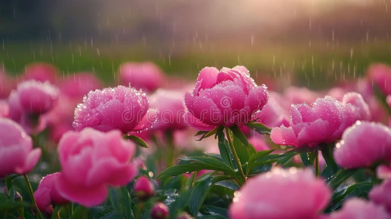 Pink Peonies in the Rain with a Soft Golden Light Stock Illustration ...