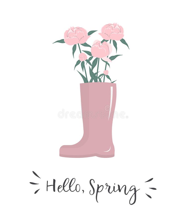 Pink Peonies in Pink Rubber Boot. Beautiful Spring Flowers Stock Vector ...