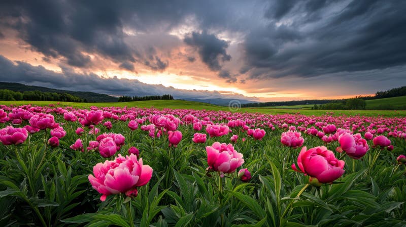 Pink Peony Field Under a Dramatic Sunset Sky Stock Illustration ...
