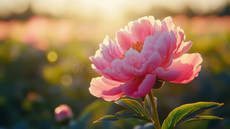 Pink Peony Flower Blooms in Golden Sunset Light Stock Illustration ...