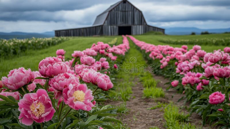 Pink Peony Flowers Blooming in Rows with a Barn in the Distance Stock ...