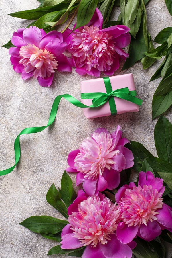 Pink Peony Flowers and Gift Box Stock Image - Image of holiday ...